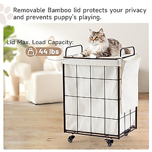 Laundry Hamper with Natural Bamboo Lid, 120L Laundry Basket with Heavy Duty Rolling Wheels, Dirty Clothes Hamper with Removable Liner Bag and Side Pocket, Laundry Sorter with Metal Handle