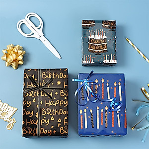 LeZakaa Birthday Wrapping Paper Roll - Mini Roll - Cake/Happy Birthday Lettering/Candle for Girl, Boy, Kids, Adult, Friends - 17 x 120 inches, 3 Rolls (42.5 sq.ft.ttl.)