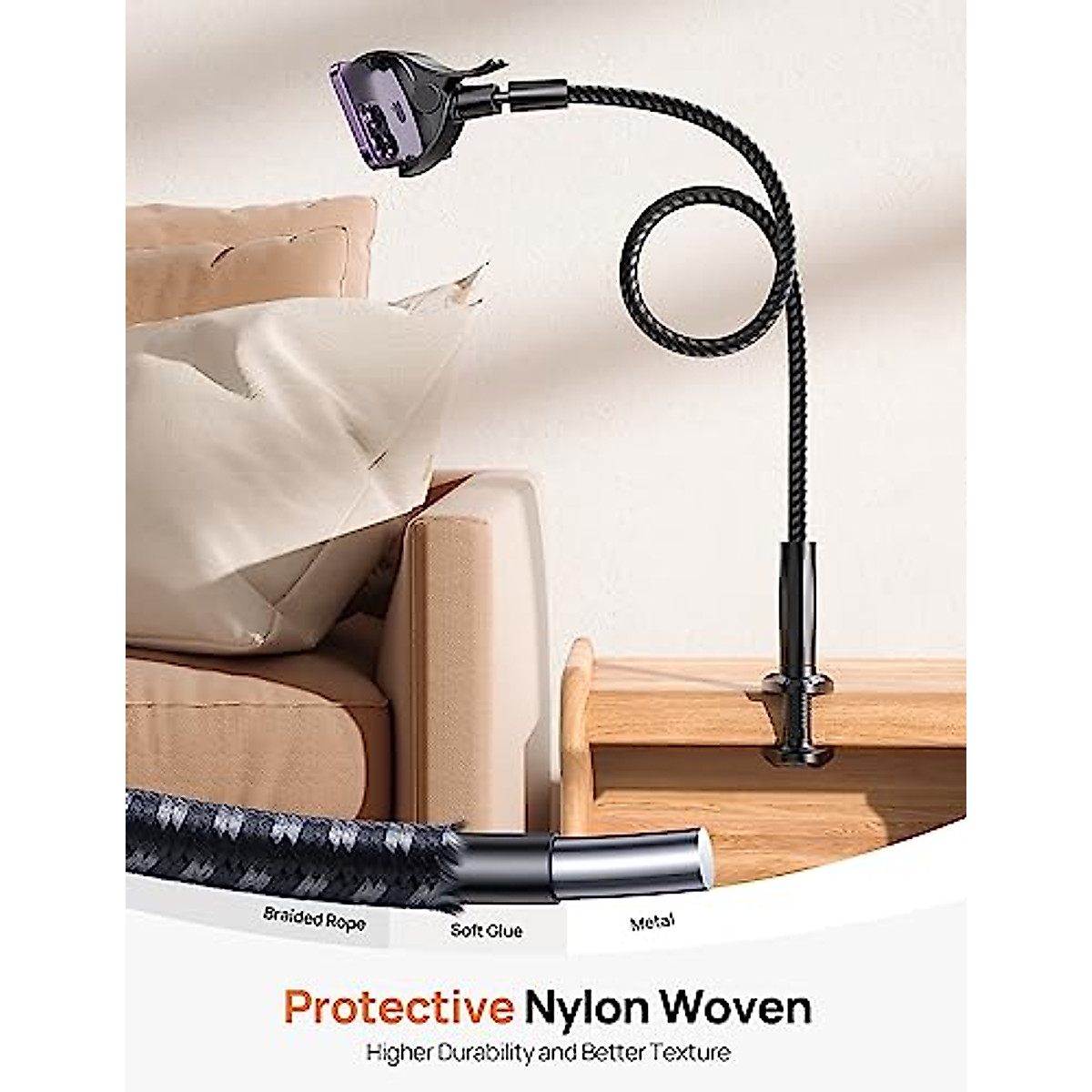 Aomiker Gooseneck Phone Holder for Bed - [2023 Upgrade Nylon Braid] 38” Flexible Lazy Arm Clip, 360 Adjustable Overhead Phone Mount for iPhone 14 13 12 11 Pro Max Mini Plus, all 4-7" Cellphone - Black