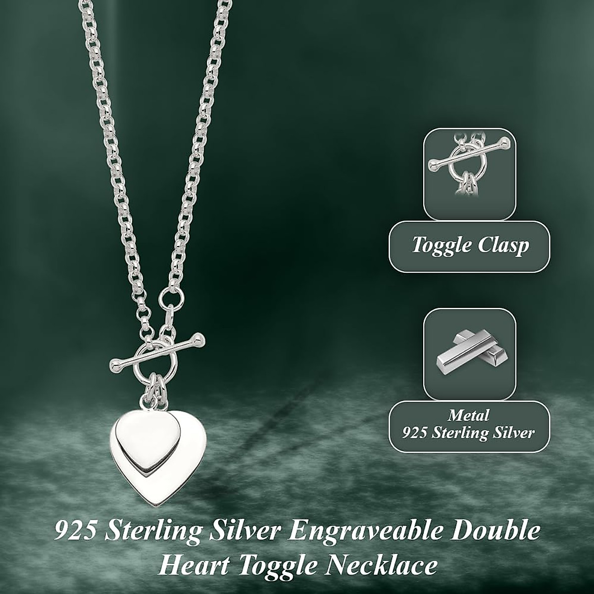 Diamond2Deal Sterling Silver Engraveable Double Heart Toggle Necklace Fine Jewelry Gift for Women