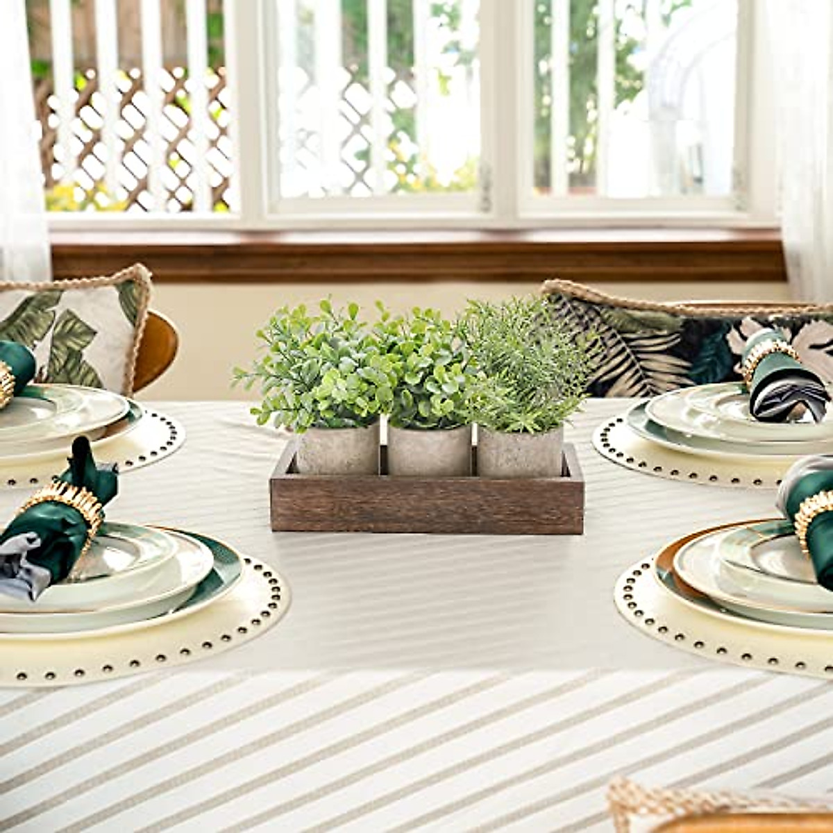 Dahey 3 Pack Mini Potted Artificial Eucalyptus Fake Plants with Wood Tray Centerpiece Table Decor, Farmhouse Pulp Flower Pots Greenery Home Decoration for Coffee Table Dining Room Office Kitchen