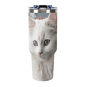 LLUTSNTH 40 Oz Vacuum Tumbler with Light Rose Red Handle Leakproof Insulated Tumbler Cute White Cat Stainless Steel Travel Mug with Lid And Straw Coffee Cup Cute Water Bottles Cup Holder Friendly
