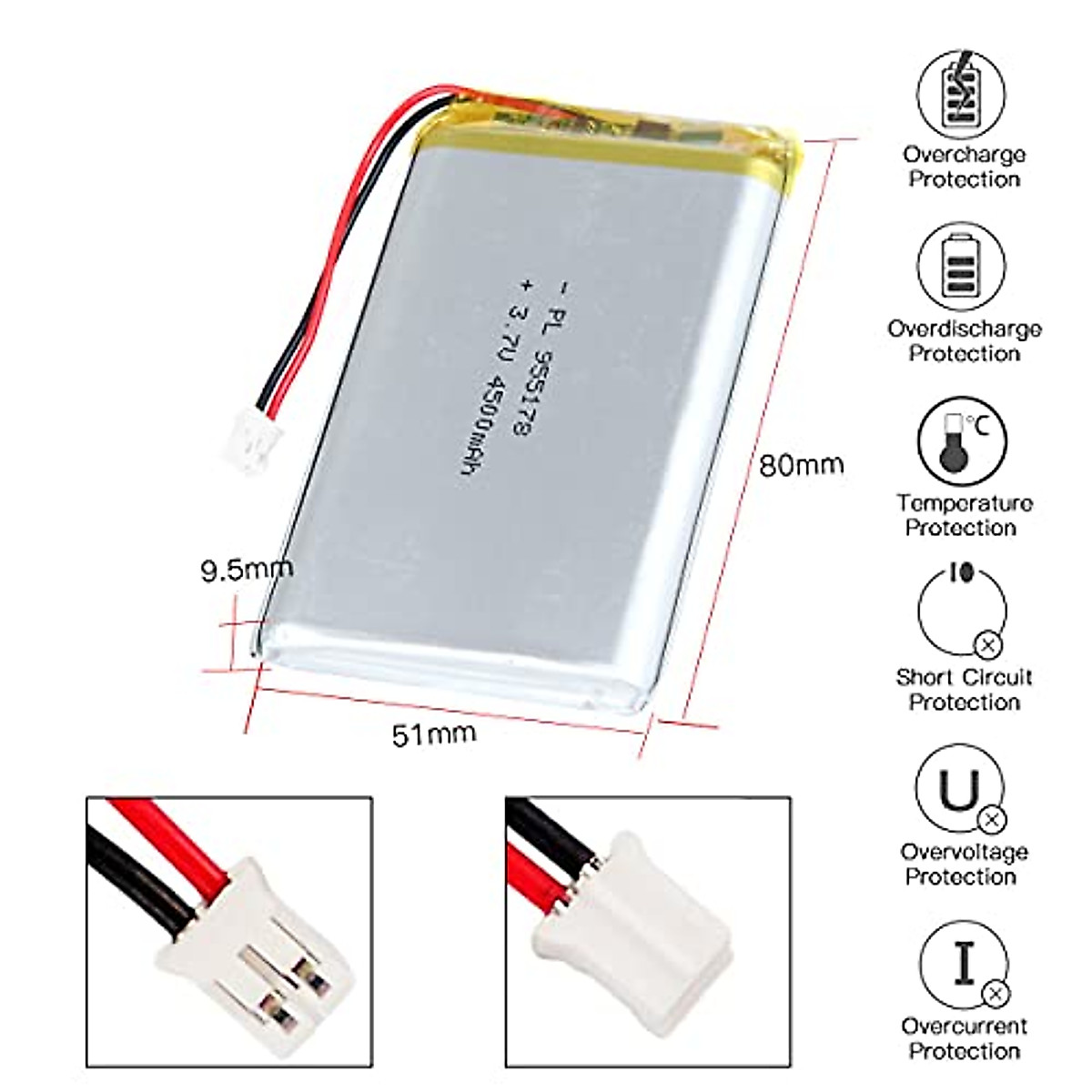 YTKavq 3.7v 4500mah 955178 Lithium Polymer Ion Battery Rechargeable Lipo Battery with PH 2.0mm Pitch Connector
