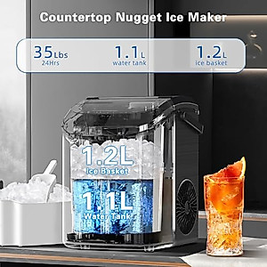 Nugget Ice Makers Countertop with Soft Chewable Pellet Ice, Pebble Ice Maker Machine with Self-Cleaning, 35.5Lbs/24Hrs, One-Click Operation, Ice Basket/Ice Scoop for Home/Office/Bar, Black