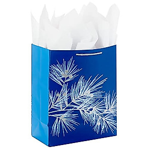 Hallmark 13" Large Holiday Gift Bag with Tissue Paper and Gift Tag (Dark Blue with Silver Pine Tree Branch) for Christmas, Hanukkah, Winter Solstice, Weddings