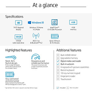 HP 14-inch Laptop, 8th Generation Intel Core i3-8130U Processor, 4 GB SDRAM, 128 GB Solid State Drive, Windows 10 Home in S Mode (14-df0020nr, Natural Silver)
