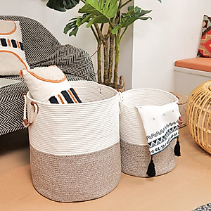 WSNYY Cotton Rope Basket, Storage Basket, Woven Laundry Hamper, Toy Storage Bin, Nursery Storage Basket, Baby Bin Organizer, White & Brown, 13.7x15.7 Inches