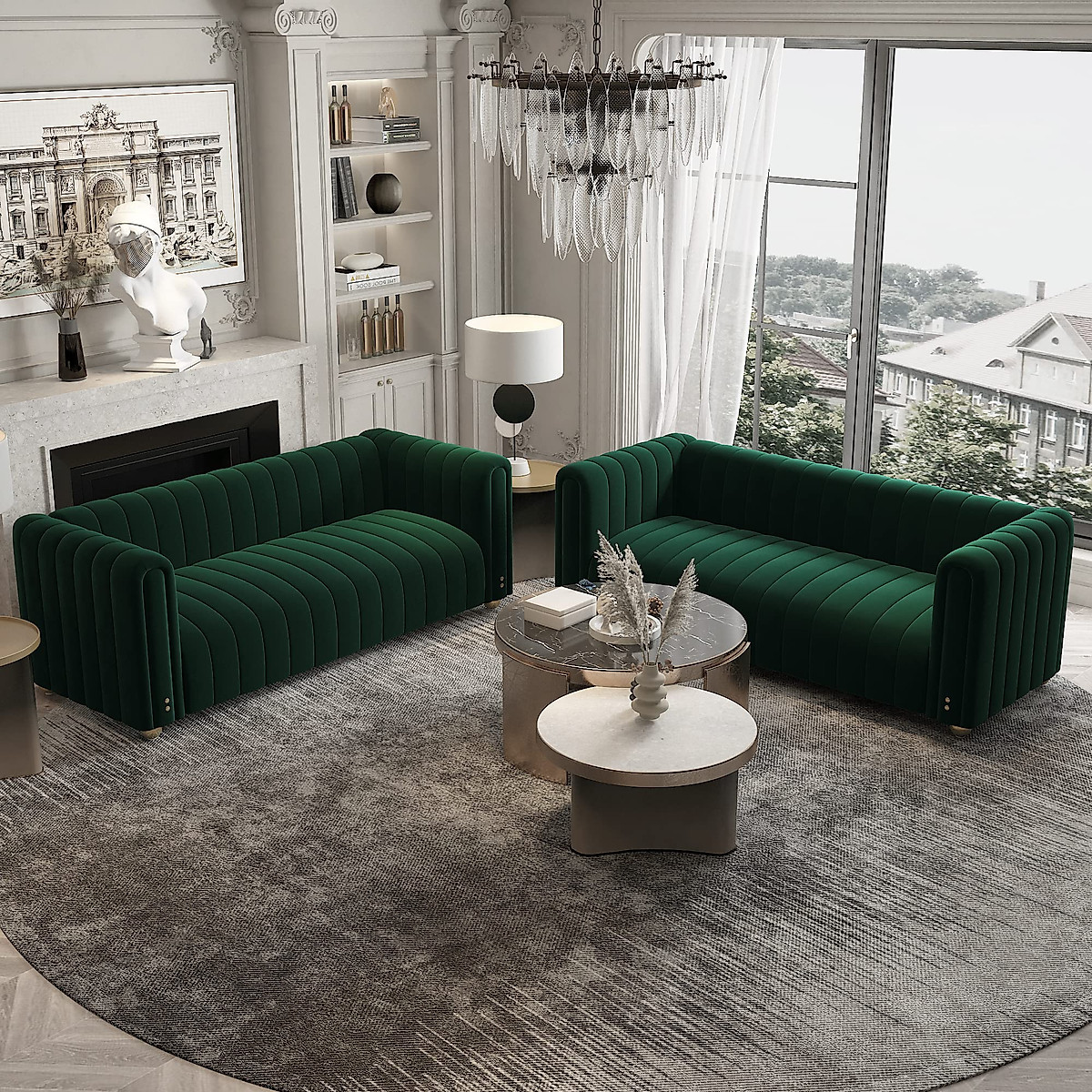 ANTTYBALE Tufted Couch Chesterfield Velvet Sofa Upholstered 81" W 3-Seater Comfy Sofa for Living Room, Bedroom, Office, Apartment (Green 2pcs)