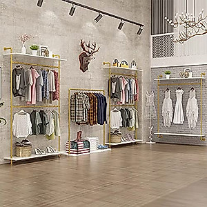 FURVOKIA Modern Simple 2 Tier Industrial Pipe and Wood Garment Rack,Wall Mounted Double Hanging Rods Clothing Rack,Retail Display Storage Clothes Hanging Shelves (One Shelves,Gold, 47.2" L)