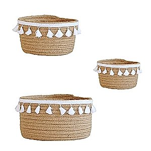 Jute Storage Baskets Bins 3 Pack Storage Cube Organizer Cute Tassel Nursery Decor - Home Storage Container