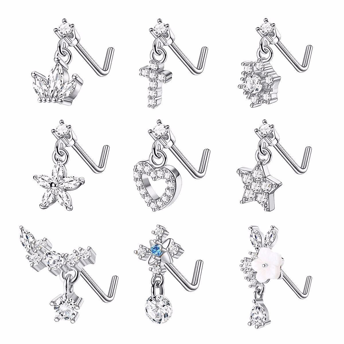 ORAZIO 9 PCS Dangle Nose Rings L Shaped for Women 20G Stainless Steel Nose Rings Studs CZ Cross Crown Flower Heart Dangling Nose Rings Piercing Jewelry