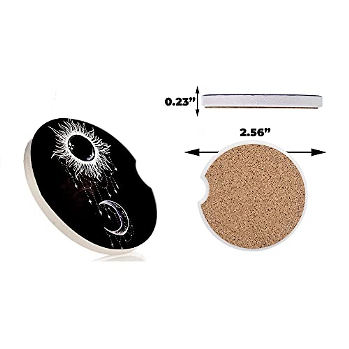 Car Coasters 4 Pack Car Cup Holder Coaster 2.56" Drink Coasters Ceramic Stone Cork Base Set (Sun and Moon)