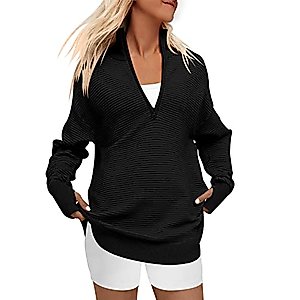 ANRABESS Sweater for Women Oversized Quarter Zip Long Sleeve V Neck Collared Casual Curved Hem Slouchy Ribbed Knit Thumb Hole Pullover Shirt 2023 Fall Winter Trendy Clothes Tops 624heise-M Black