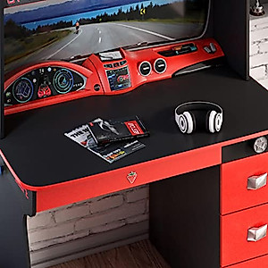 Cilek Study Desk and Hutch with Cabinet EV Car Dashboard Design, Extra Shelves, Soft-Close Drawers, Red