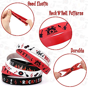 Sinasasspel 36PCS Rock And Roll Stickers Silicone Bracelet Party Favors Born to Rock Decorations Supplies Temporary Stickers For Face Arm Hand Let’s Rock Rubber Wristband 60s 80s Retro Rock Band