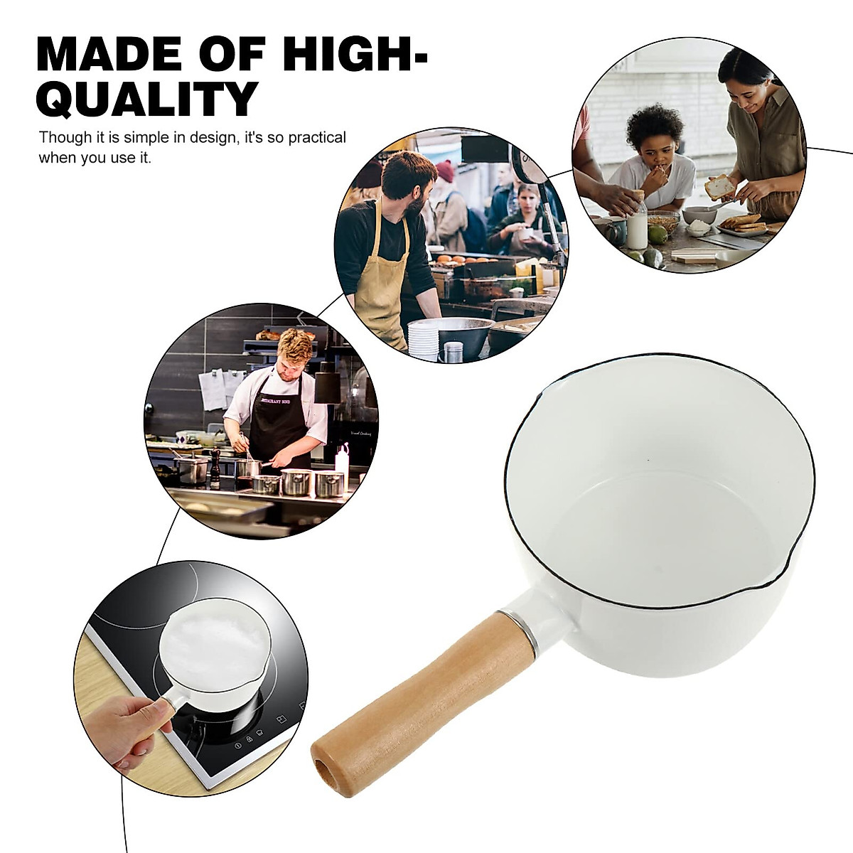 Cabilock Sauce Pan Ceramic Saucepan Small Milk Pot Enamel Butter Warmer Soup Milk Boiling Melting Pot with Wood Handle for Milk Melting Chocolate Candy Candle Making Milk Pan Coffee Warmer