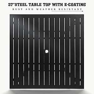 Omelaza 37" x 37" Patio Dining Table, Outdoor Square Bistro Metal Table with Steel Slat Table Top for Porch Deck Garden Backyard Poolside, 1.57" Umbrella Hole, Black