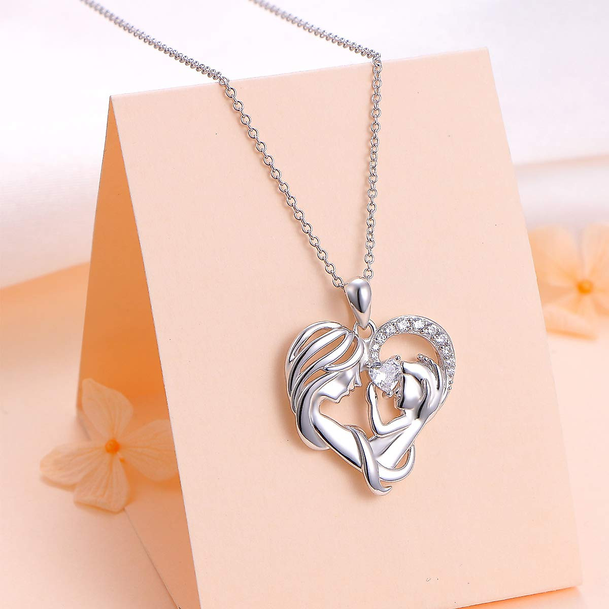 DAOCHONG Mother Necklace Sterling Silver Mother Child Forever Love Necklace Gift for Mother Mom 18"