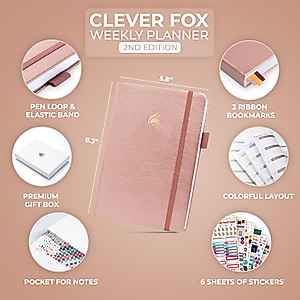 Clever Fox Planner 2nd Edition – Colorful Weekly & Monthly Goal Planner, Time Management & Productivity Organizer, Undated, A5 (Rose Gold)