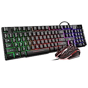 Rii Gaming Keyboard and Mouse Set, Multiple Color Rainbow LED Backlit Multimedia PC Gaming Keyboard,Office Keyboard Colorful Breathing Backlit Gaming Mouse for Working or Primer Gaming,Office Device