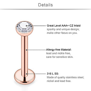 SCERRING 12PCS 16g Stainless Steel 2-4.5mm Clear CZ Internally Threaded Labret Monroe Lip Earring Ring Body Piercing Jewelry 10mm - Rose Gold