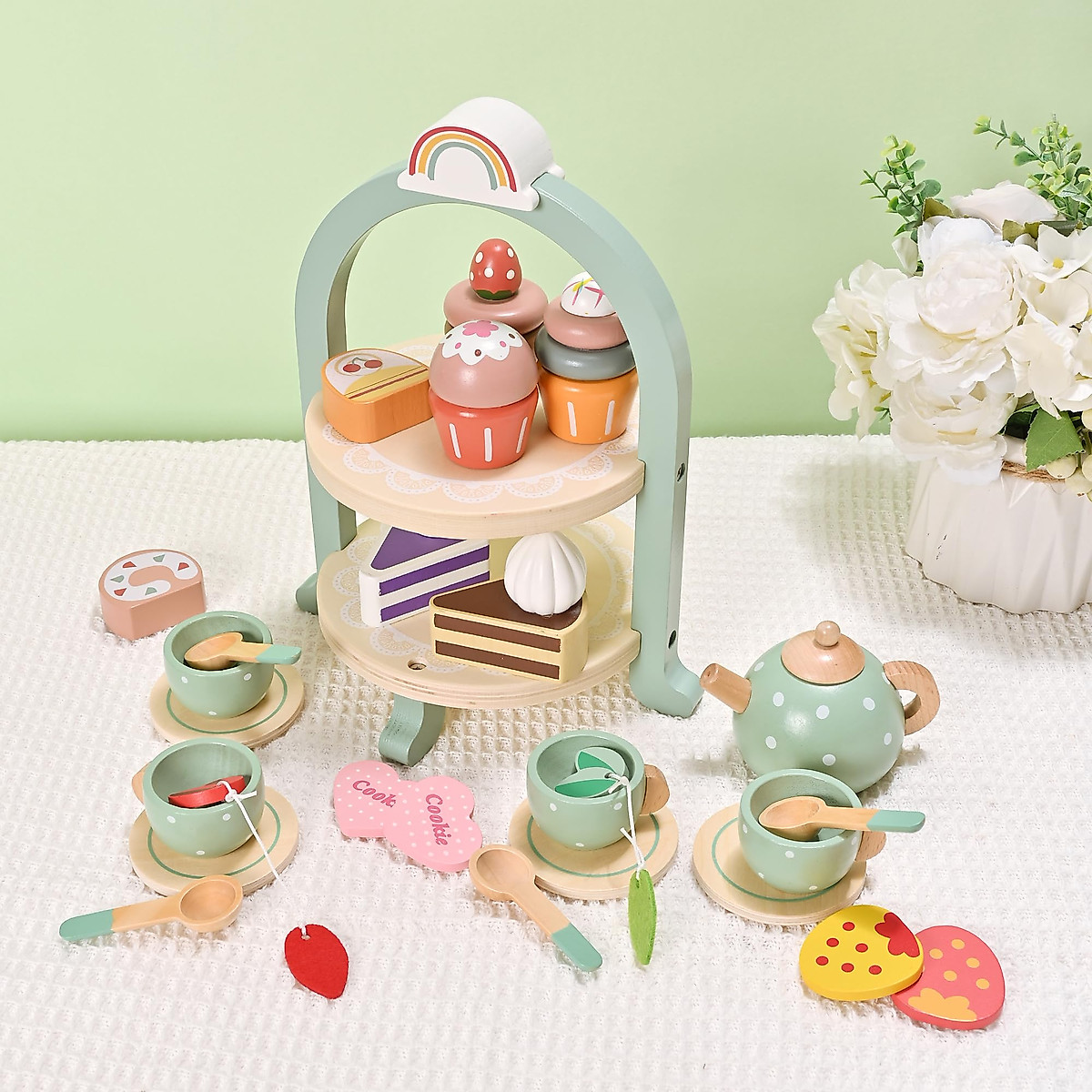 MONT PLEASANT 27pcs Wooden Tea Set for Little Girls, Toddler Tea Set Wooden Toys Play Kitchen Accessories with Cupcake Stand, Kids Tea Party Set Pretend Play Food Birthday Gift Playset