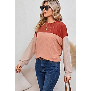 Dokotoo Women's Pullover Shirts Long Sleeve Knit Tees Shirts High Neck Color Block Tunics Blouses Ladies Casual Sweatshirt Womens Fall Fashion 2025 Red X-Large