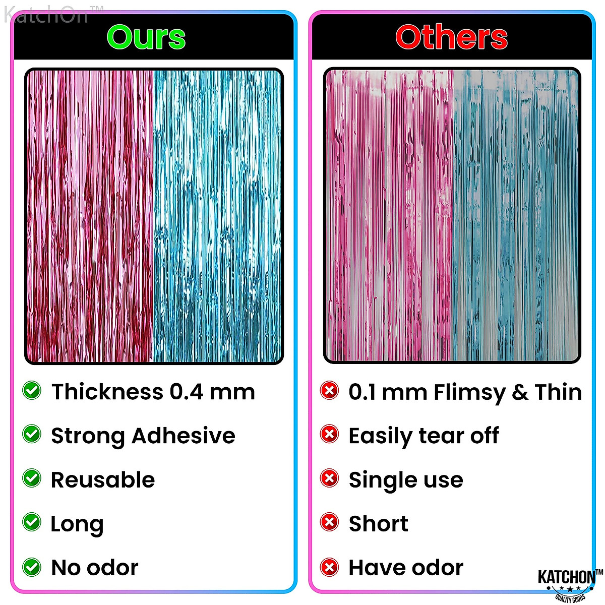 KatchOn, Large Pink and Blue Foil Fringe - 6.4x8 Feet, Pack of 2 | Girl or Boy Gender Reveal Decorations | Pink and Blue Fringe, Boy or Girl Backdrop | Gender Reveal Backdrop for Gender Reveal D√©cor