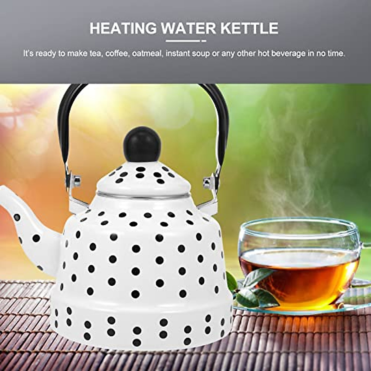 YARDWE Enamel Teapot Stovetop Tea Kettle: Porcelain Enameled Teakettle Dot Pattern Hot Water Kettle Pot for Camping Home Kitchen 1. 1L White