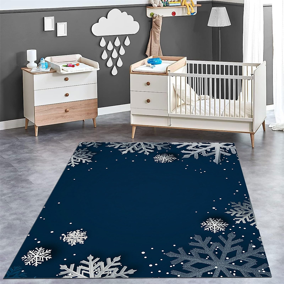 Washable Area Rugs 4x6 ft Carpet, Cartoon Style Snowflake Stripes Print Rugs Dark Blue Stain & Water Resistant Non-Slip, Pet & Child Friendly, Perfect for Living Room, Bedroom, Kids Room