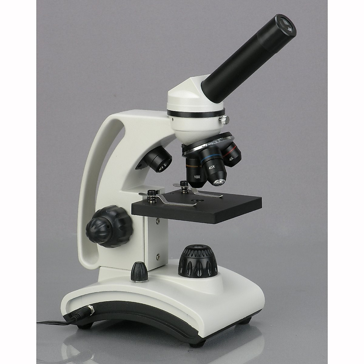 AmScope M160C-2L-PB10 Cordless Compound Monocular Microscope, WF10x and WF25x Eyepieces, 40x-1000x Magnification, Upper and Lower LED Illumination with Rheostat, Brightfield, Single-Lens Condenser, Coaxial Coarse and Fine Focus, Plain Stage, 110V or Batte