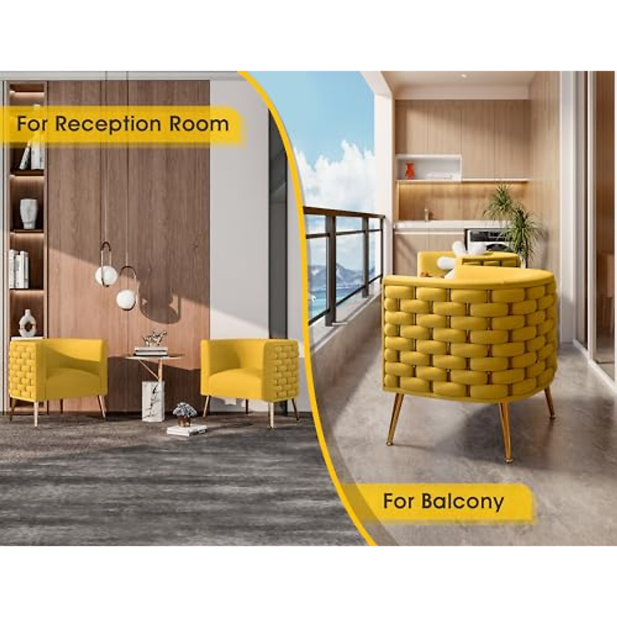 Dewhut Modern Velvet Barrel Accent Chair, Comfy Wide Handmade Woven Bucket Arm Chair, Fluffy Tufted Upholstered Single Sofa Chair for Living Room, Bedroom, Office, Waiting Room(Yellow)