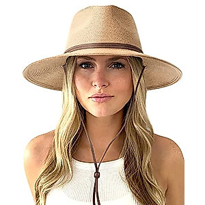 FURTALK Womens Summer Straw Sun Hats Wide Brim Panama Fedora Beach Hat with Wind Lanyard UPF 50+ Khaki