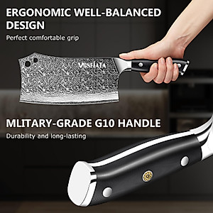 MOSFiATA Damascus 7” Cleaver Knife，Ultra Sharp Vegetable and Meat Butcher Knife with Finger Guard for Home Kitchen and Restaurant