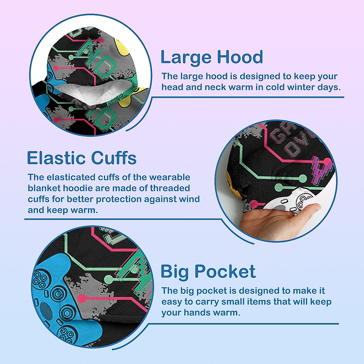 Sleepwish Gaming Wearable Blanket Modern Sweatshirt for Boys, Colorful Gamepad Blanket Hoodie with Sherpa for Teens, Youth, Boys, Girls (Adults 63" x 39")