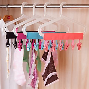 Pansyling 4PCS Foldable Travel Hanger Cloth Hanger Bathroom Towel Rack Clothespin Easy-to-Pack Laundry Clips Clothesline Portable Drying Hanger with 6 Clips for Socks Towels Underwear, Blue