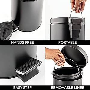 mDesign Small Modern 3-Liter / .7 Gallon Round Metal Lidded Step Trash Can, Compact Garbage Bin with Removable Liner Bucket and Handle for Bathroom, Kitchen, Craft Room, Office, Garage - Black