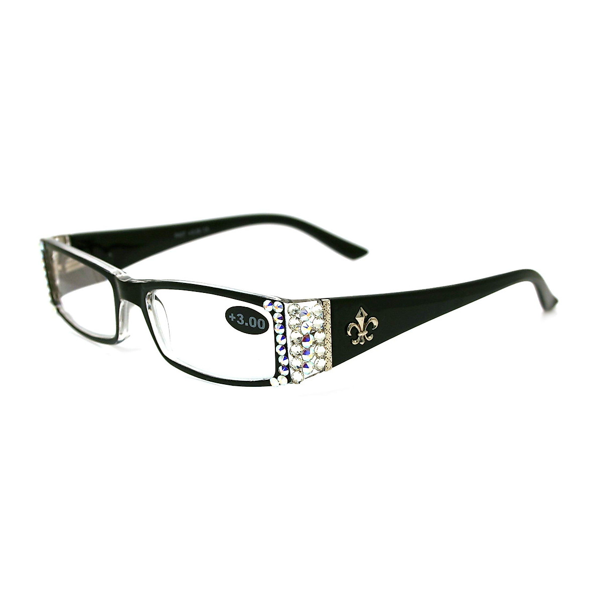 The French, (Bling) Fleur De Lis Women Reading Glasses Adorned with (Clear + Aurora Borealis) Austrian Crystals, Magnifying (Black) Rectangular. NY Fifth Avenue. (+2.50)