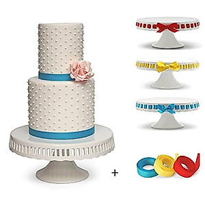10 inch Pedestal Footed Cake Display Stand with Scalloped Edge and Interchangeable Ribbon Trim (Includes 3 Grosgrain Ribbons) Perfect for Wedding Cakes Baby Showers Birthdays