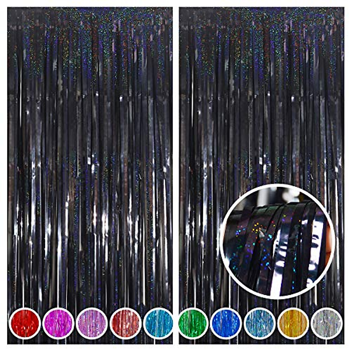 Melsan 2 Pack 3.2 ft x 8.2 ft Tinsel Foil Fringe Curtains Backdrop, Sparkle Metallic Foil Curtains for Party Photo Booth Props Decoration (Black)