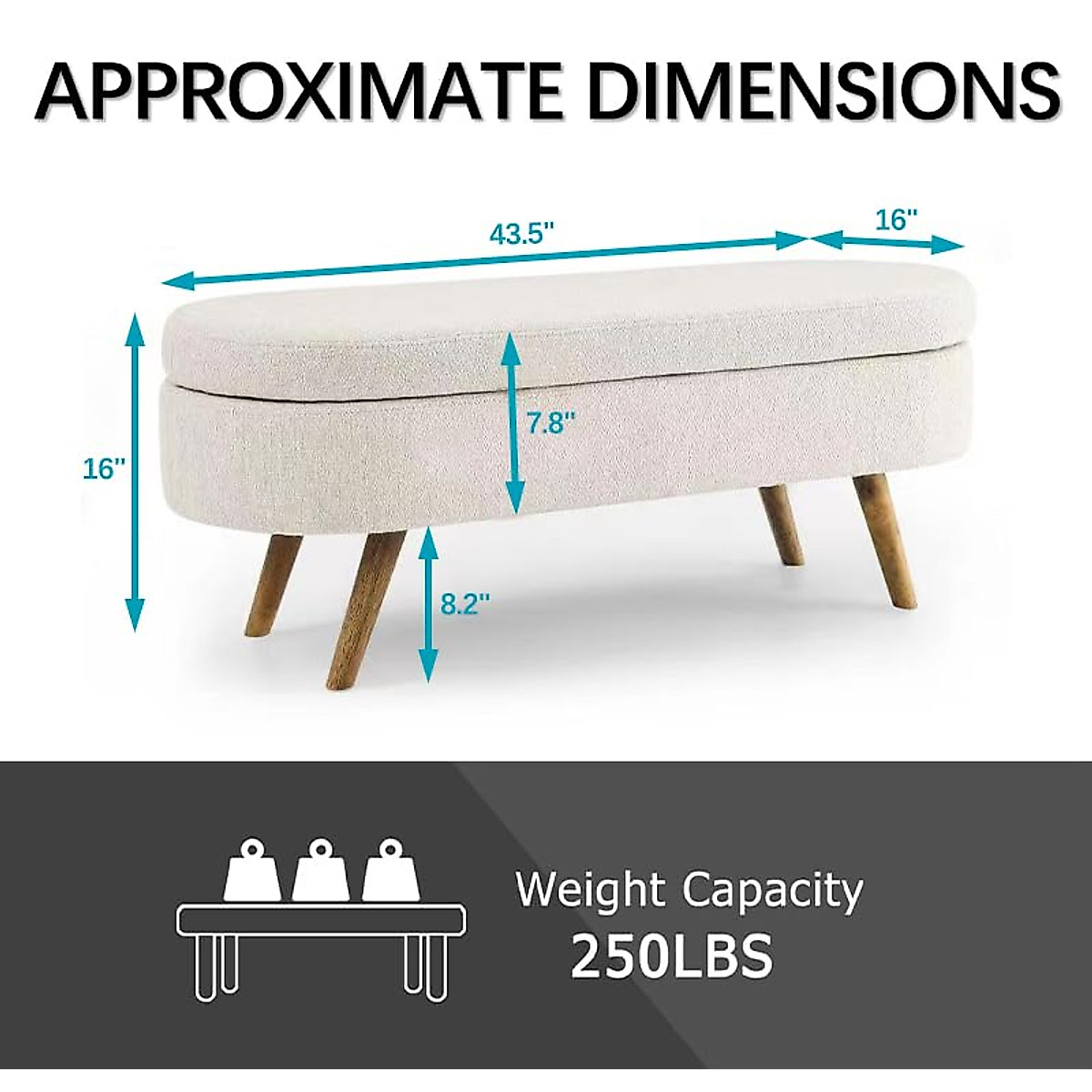 ECLYL Oval Storage Bench 43.5" Linen Fabric Upholstered Entryway Bench with Solid Wood Legs Ottoman Bench Indoor Bench for Living Room/Bedroom/End of Bed/Entryway (Beige)