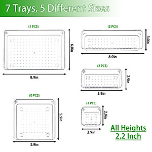 7 PCS Plastic Clear Drawer Organizer Set, 4 Sizes Desk Office Drawer Organizing Trays and Divider,Storage Bins for Makeup,Snack,Jewelry,Kitchen,Bedroom, Bathroom vanity Accessories Containers