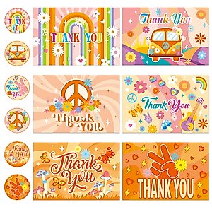 Qpout 24 Pack Groovy Retro Hippie Thank You Cards Boho Rainbow Flower Greeting Cards with White Envelops and Matching Sealing Stickers for Thanksgiving Birthday Thank You Theme Party Supplies