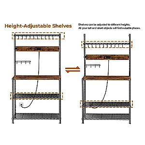 SUPERJARE Bakers Rack with Power Outlets - Height Adjustable Microwave Stand, 4-tier Kitchen Storage Rack with 10 S-shaped Hooks, 360° Hanging Strip, Coffee Bar Station - Rustic Brown