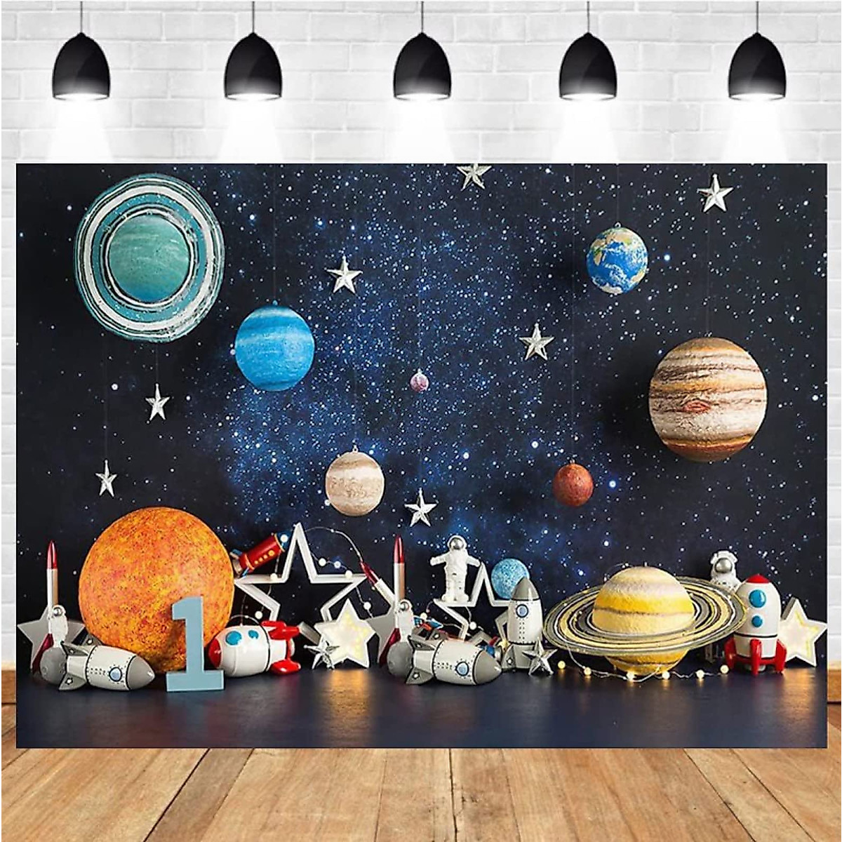 Outer Space Photography Backdrop Universe Planet Star Galaxy Astronaut Rocket Kids Birthday Party Decoration Boy Portrait Photo Background Birthday Party Cake Table Banner Vinyl,7x5ft