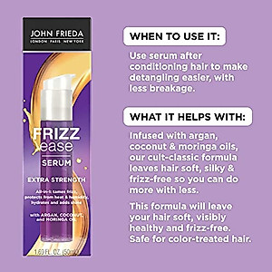John Frieda Frizz Ease Extra Strength Hair Serum, Instantly Smooths for Healthy, Hydrated, Frizz-Free Hair, for Thick and Coarse Hair, with Argan, Coconut, and Moringa Oil for Heat Protection, 1.69 Oz