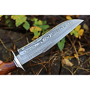 kaswah Handmade Damascus Steel Hunting Knife with Hand Stitched Leather Sheath - 14" Fixed Blade Knife with Solid Rosewood Wood Handle - EDC Survival Knife for Men