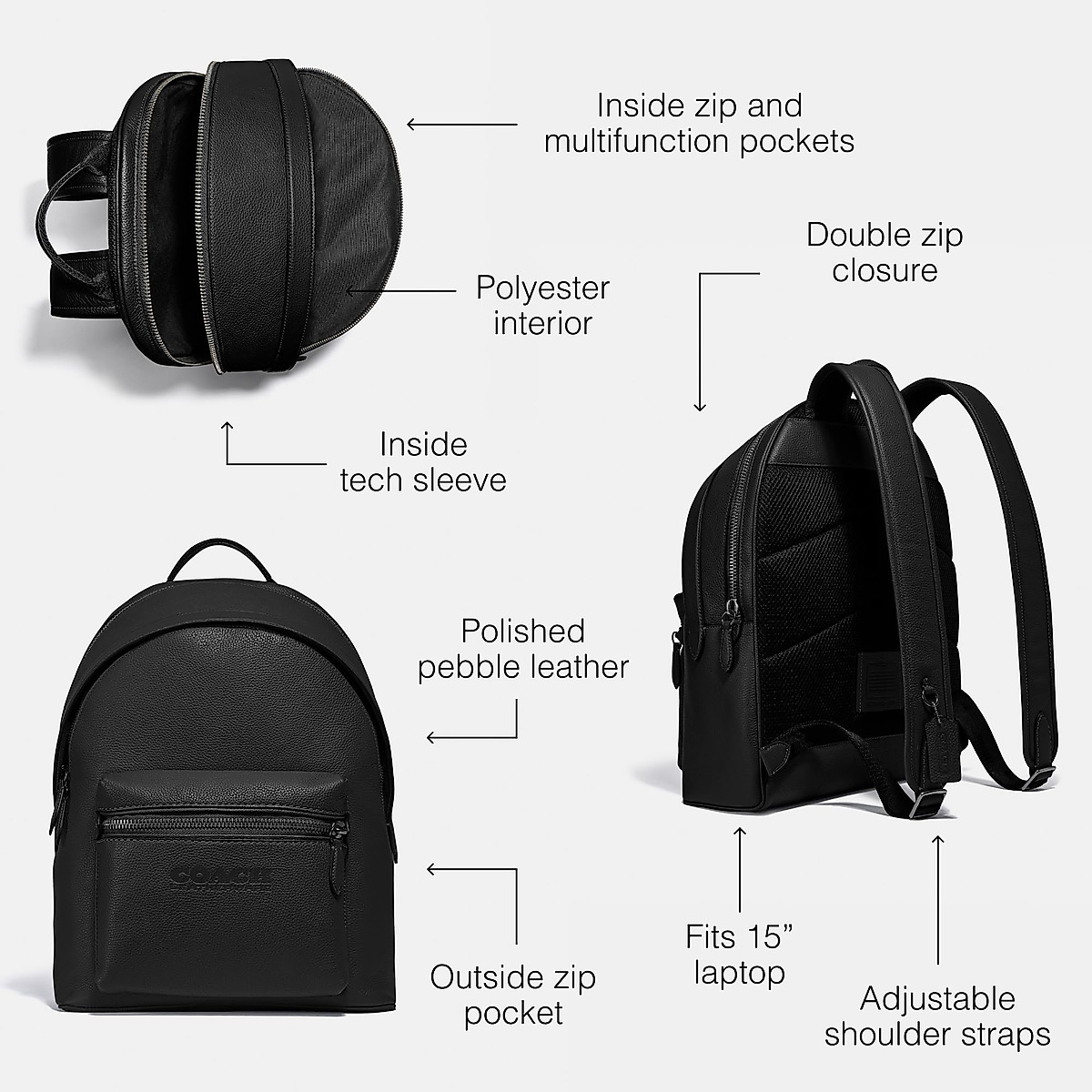 COACH Charter Backpack in Refined Pebbled Leather Ji/Black One Size