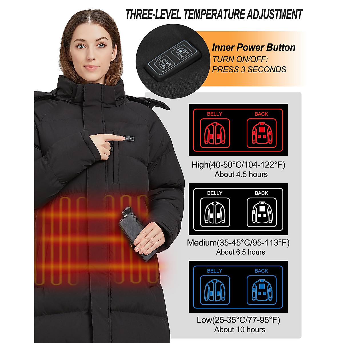 TRUNYAQI Women's Heated Long Jacket with Battery Pack Winter Coat for Women with Box