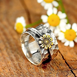 Daisy Flower Spinner Ring for Women Girls Men Anti Anxiety Fidget Rotate Freely Inspirations Stress Relief Meditation Stacking Middle Finger Wide Band Fashion Vintage Sunflower Statement Spin Ring Personalized Jewelry Gifts Bff Birthday (7)